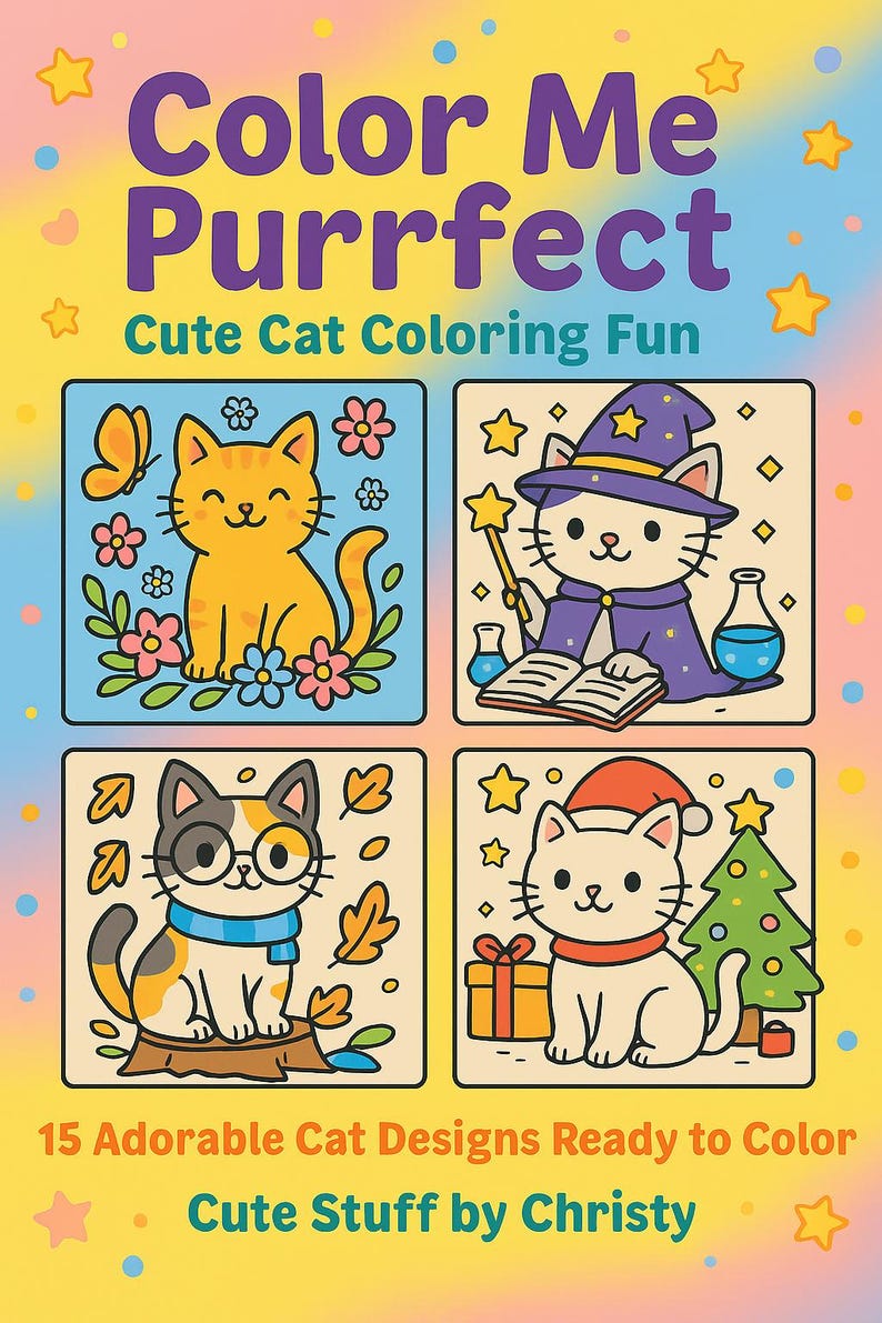 Color Me Purrfect Digital Cat Coloring Book | 15 Cute Kitty Coloring ...