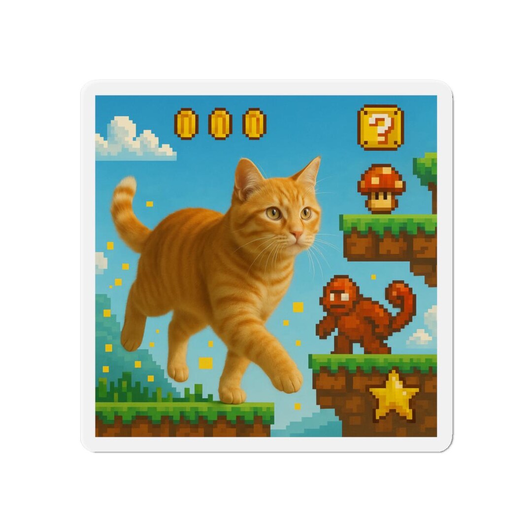 Pixel Platformer Ginger Cat Die-cut Magnet, 8-bit Video Game Cat Magnet ...