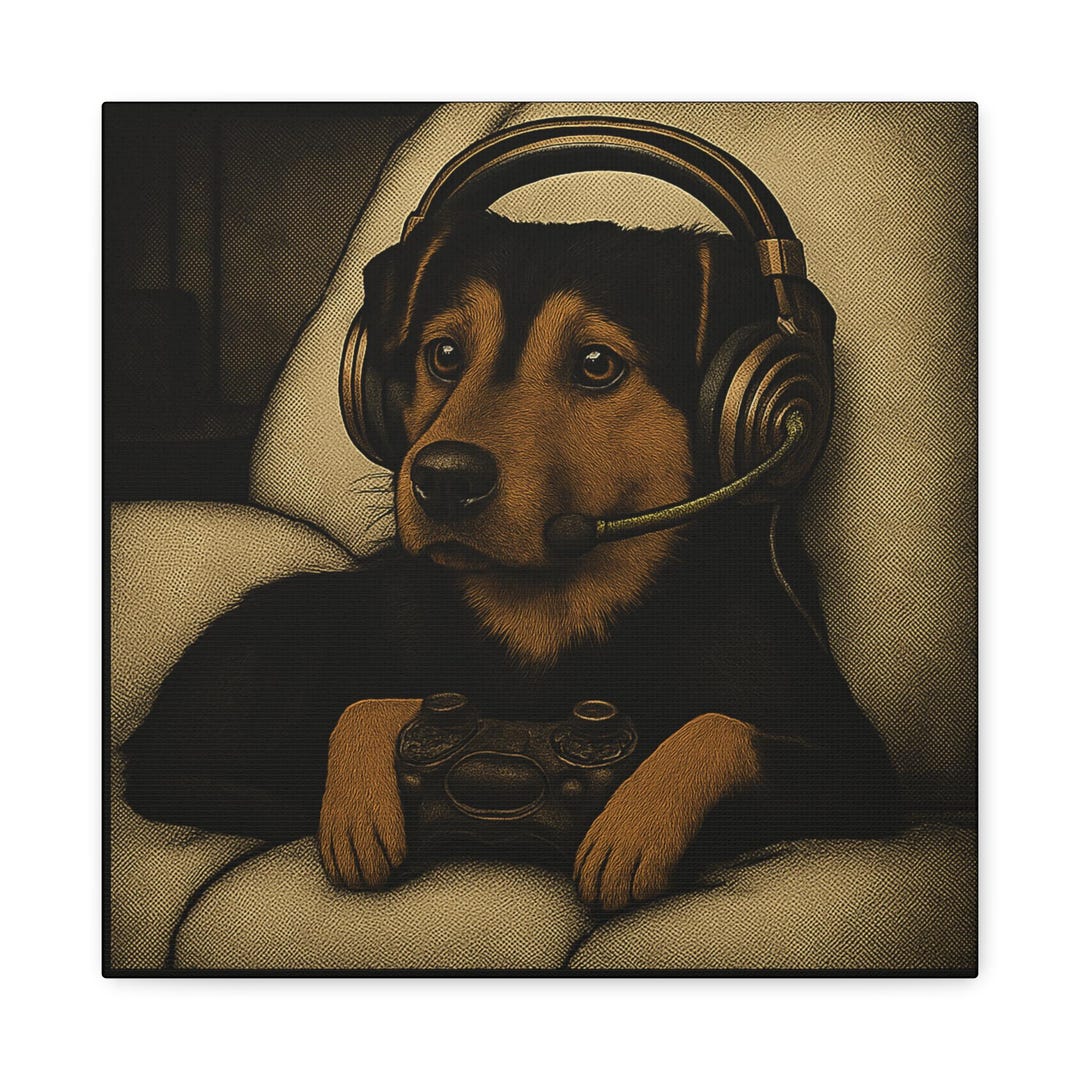 Gaming Dog With Headset Canvas Print, Puppy Video Gamer Wall Art, Geek ...