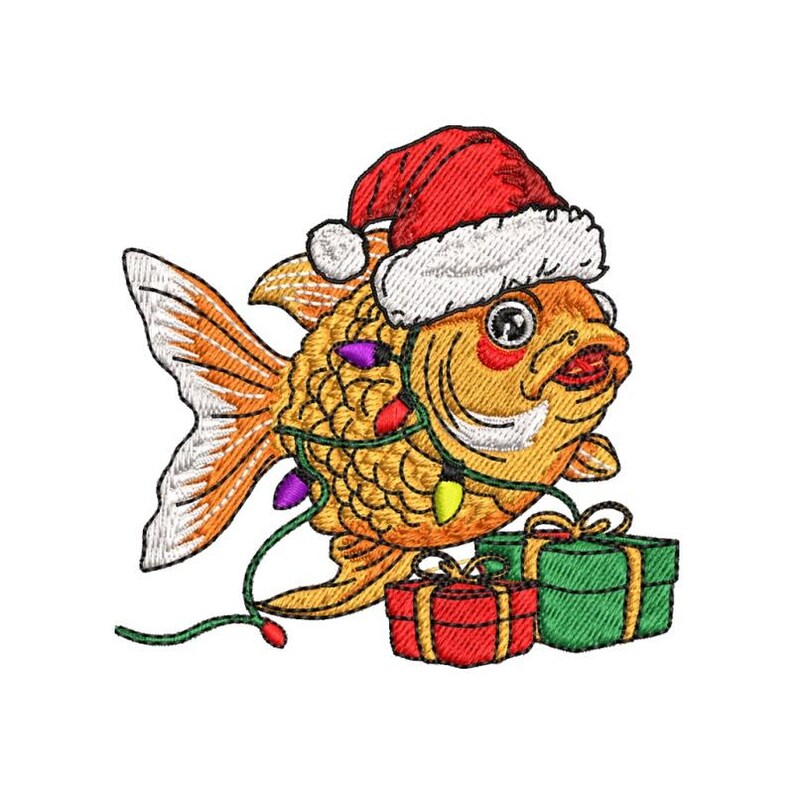 Goldfish Christmas Embroidery Design, Santa Hat Fish Pattern, Holiday ...