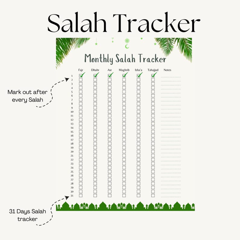 Muslim Prayer Tracker Printable: Daily Salah Chart (digital Download ...
