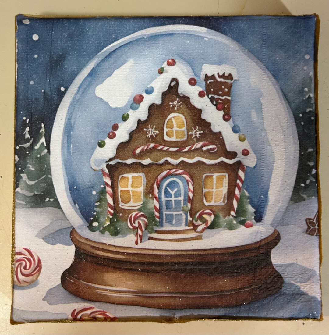 Snow Globe Gingerbread House Watercolor Decoupage Napkin Art on Canvas ...