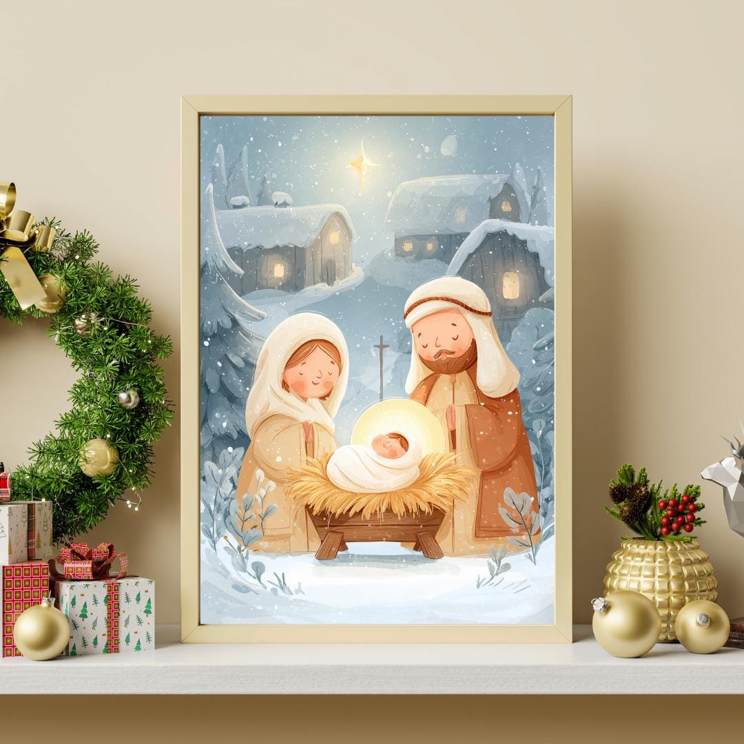 Nativity Scene Art Print, Holy Family Christmas Illustration (digital ...