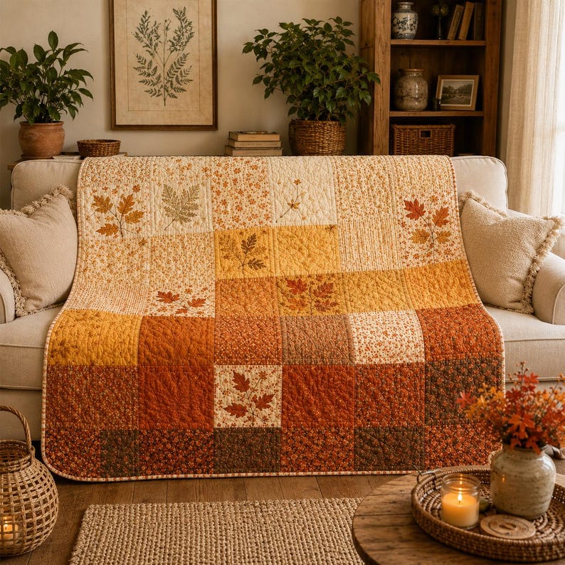 Fall Patchwork Quilt Blanket, Autumn Leaves Throw, Cozy Farmhouse ...