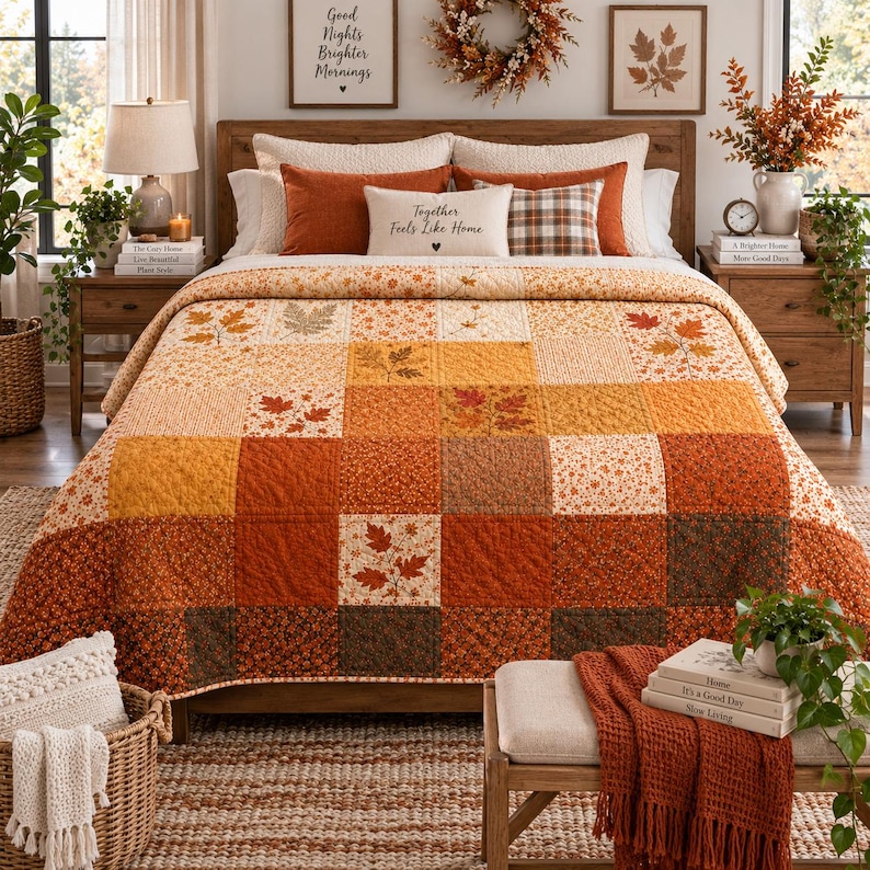 Fall Patchwork Quilt Blanket, Autumn Leaves Throw, Cozy Farmhouse ...