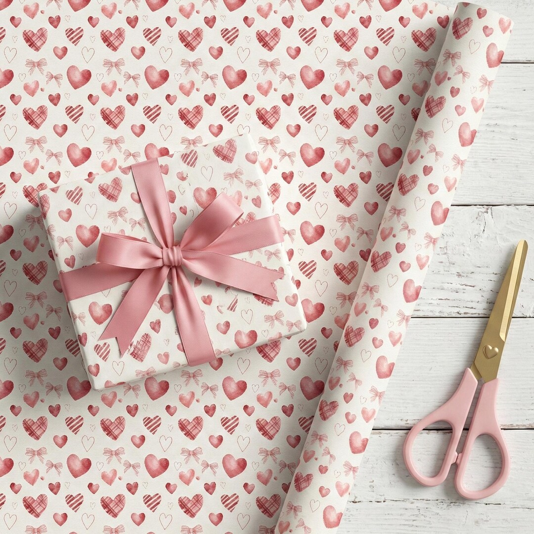 Valentine Wrapping Paper Pink Heart Bow Pattern Gift Wrap, Romantic ...