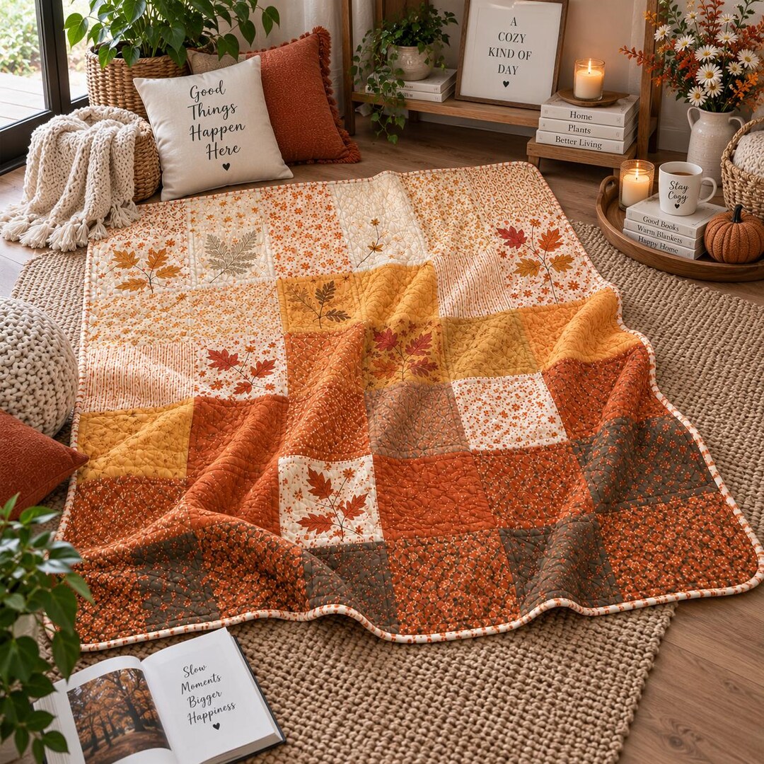 Fall Patchwork Quilt Blanket, Autumn Leaves Throw, Cozy Farmhouse ...