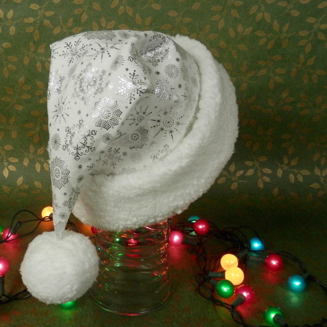 Snowflake Santa Hat, White With Embossed Metallic Silver Snowflakes ...