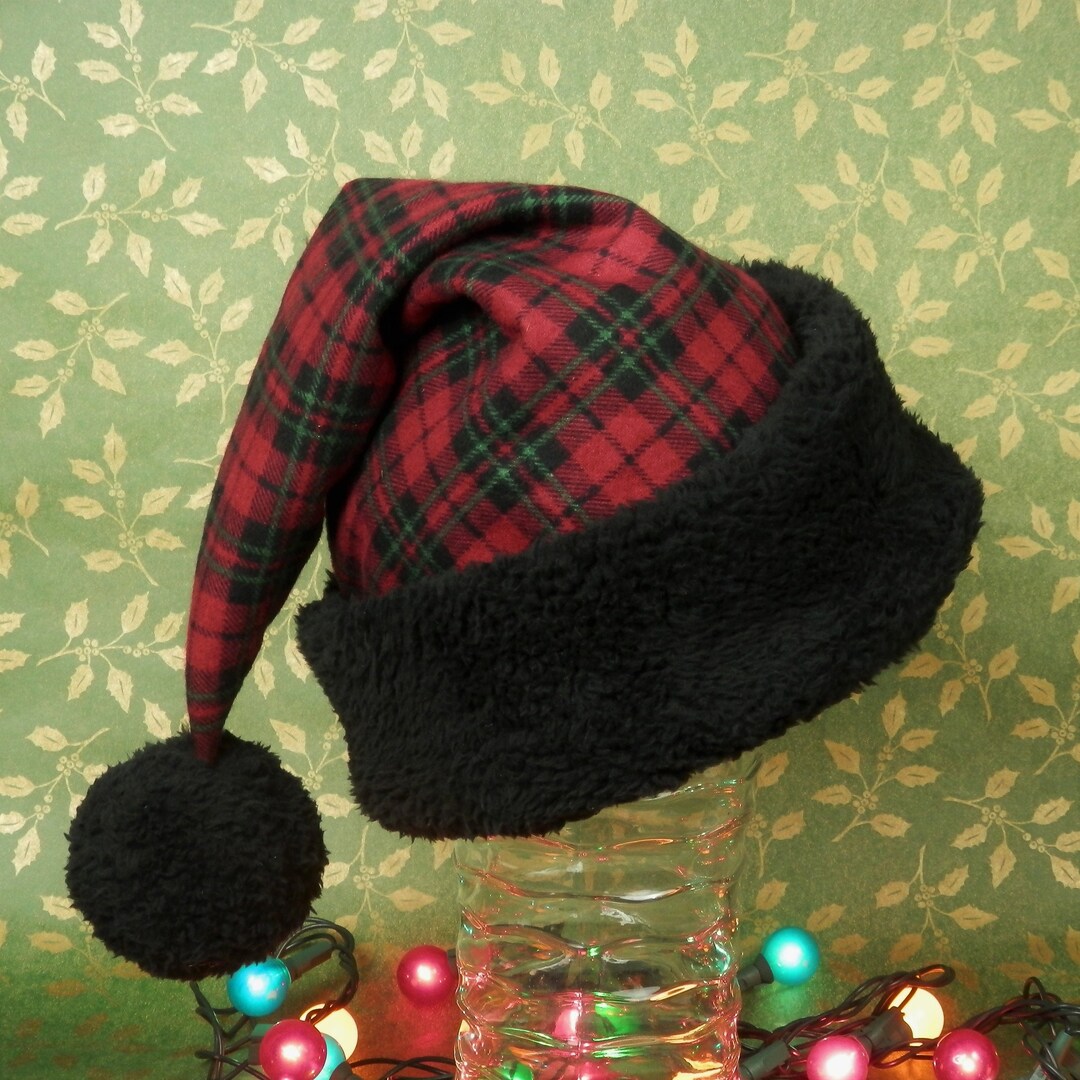 Red Plaid Flannel Santa Hat, Dark Red, Black and Green Tartan Plaid ...