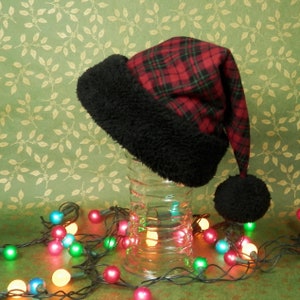 Red Plaid Flannel Santa Hat, Dark Red, Black and Green Tartan Plaid ...