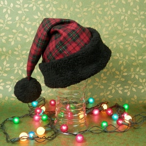 Red Plaid Flannel Santa Hat, Dark Red, Black and Green Tartan Plaid ...