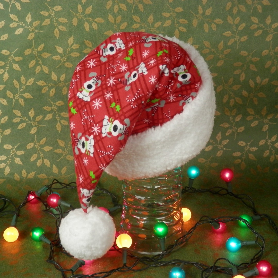 Red Flannel Santa Hat: Dog Print, Faux Sherpa Fur Trim - Etsy