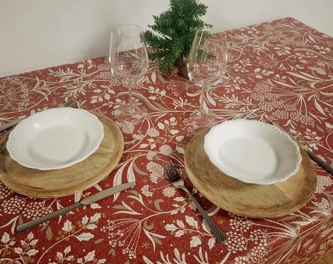 French Festive Red Botanical Tablecloth. Coated. Subtle Glitter Finish ...