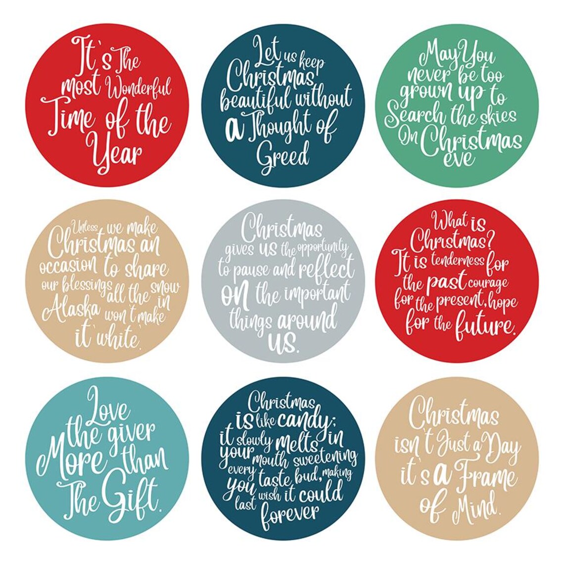 Printable Christmas Quote Stickers, Round Festive Gift Tags, Holiday ...