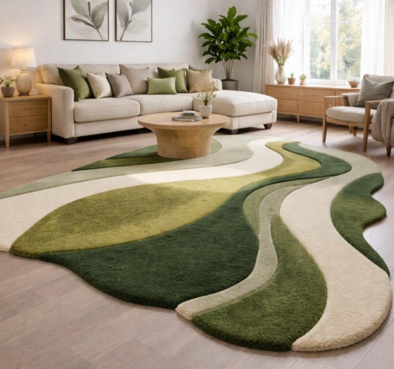 Green Abstract Hand Tufted Rug – Modern Irregular Shape Carpet for ...