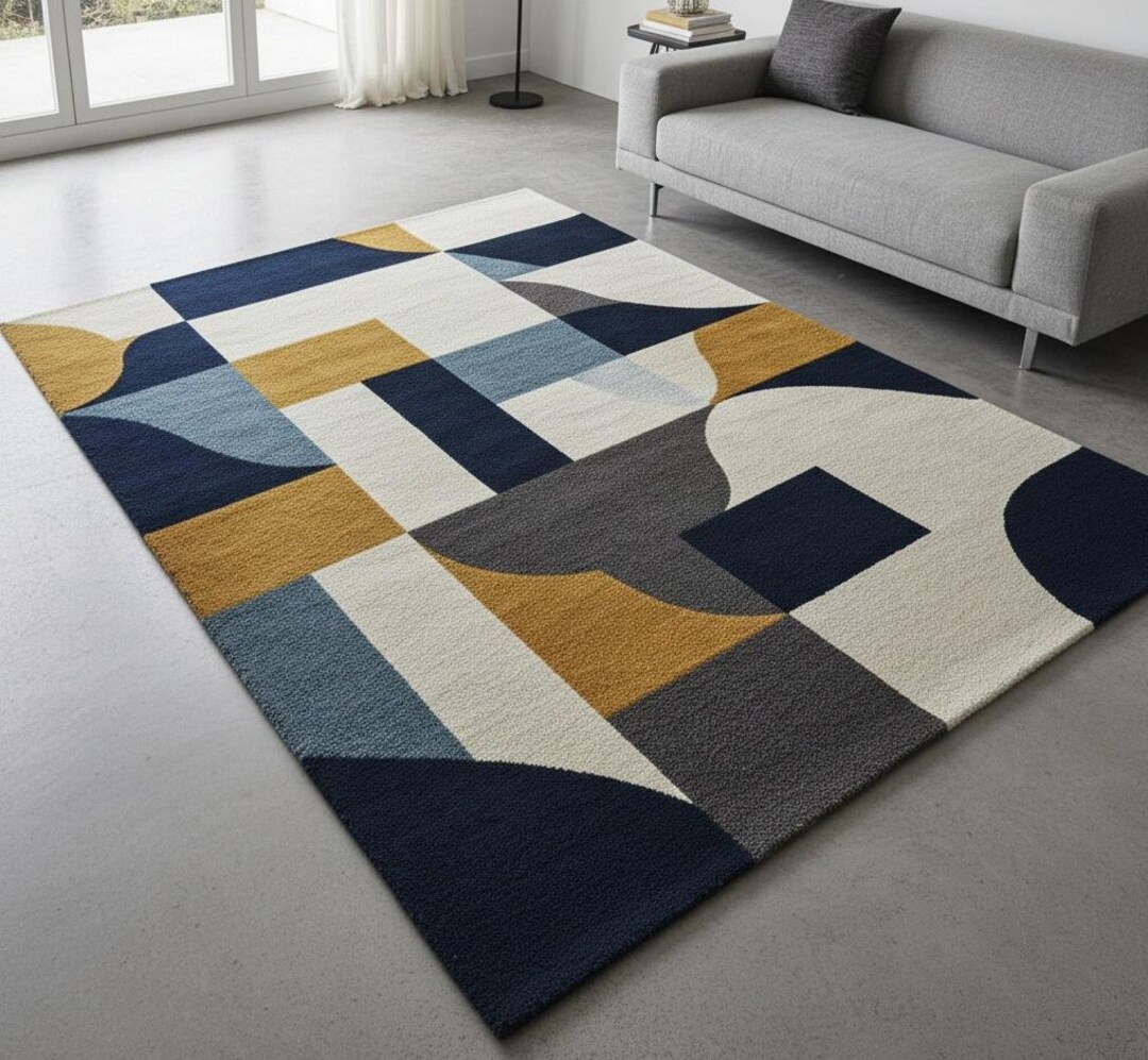 Hand Tufted Modern Geometric Area Rug: Abstract Color Block, Blue ...