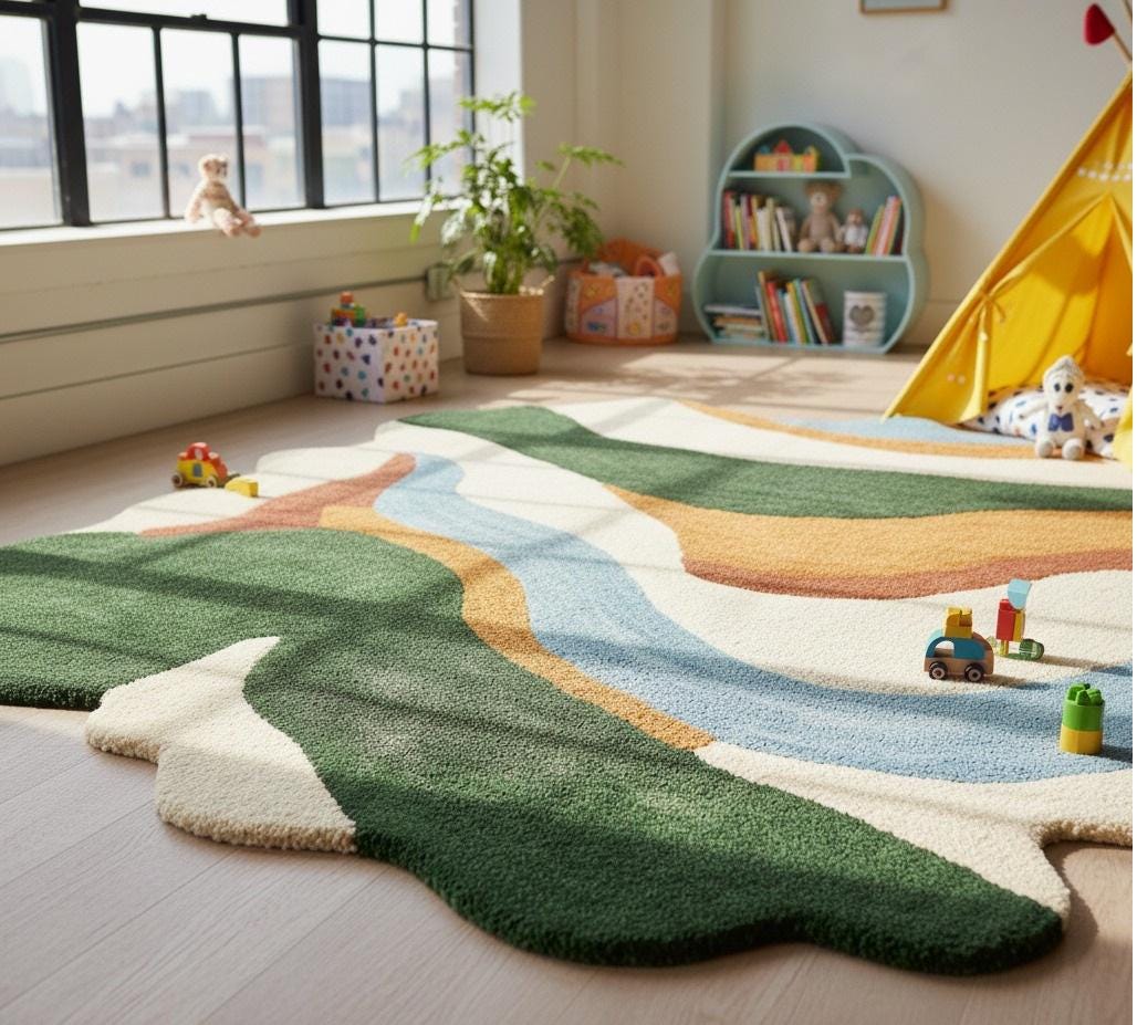 Nature-inspired Kids Play Rug – Wavy River Landscape Carpet for Nursery ...