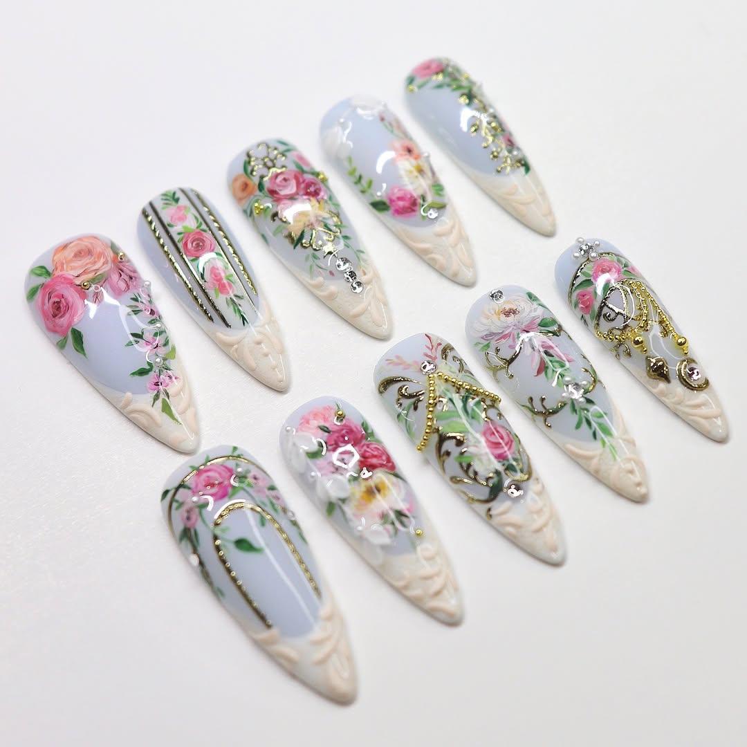 Handmade Baroque Floral Press on Nails | Long Stiletto Nail Set ...