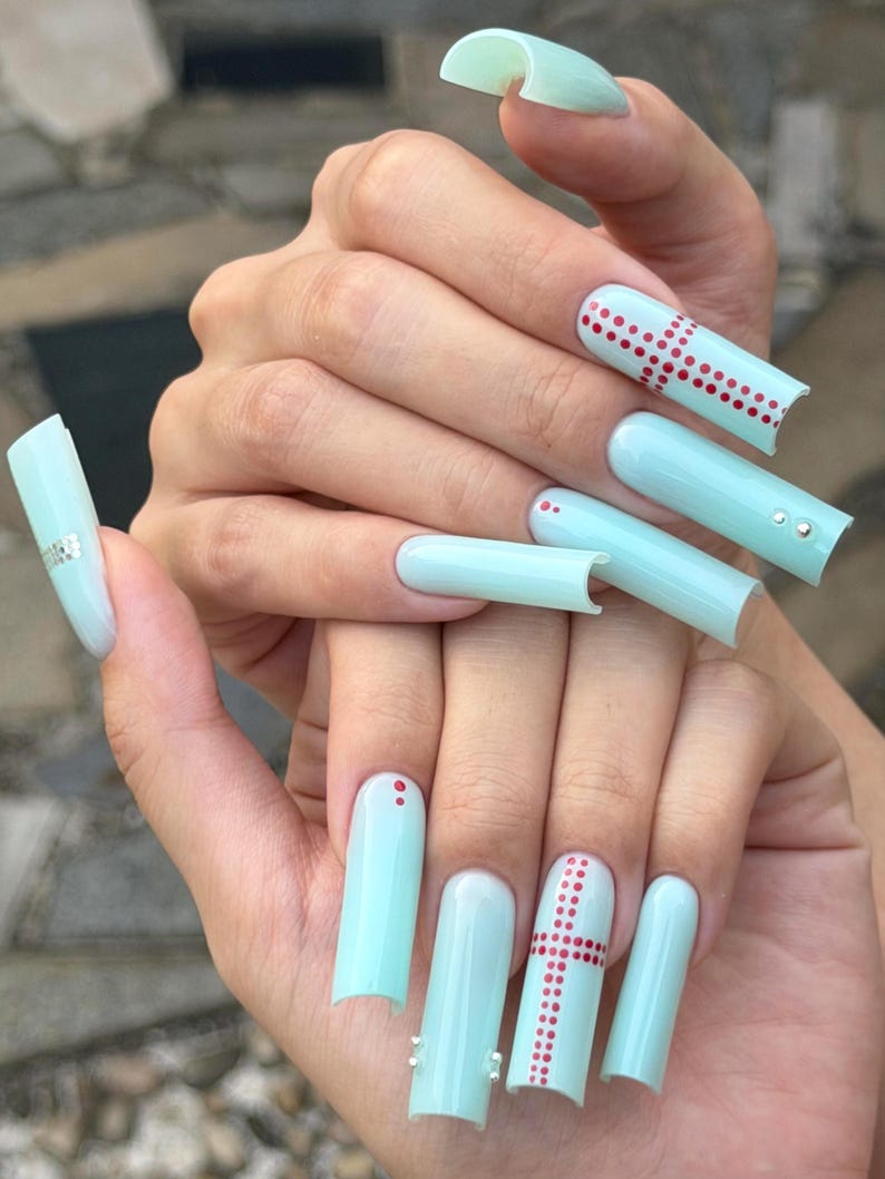 Sky Blue Cutout Press on Nails | Futuristic Graphic Design | Handmade ...