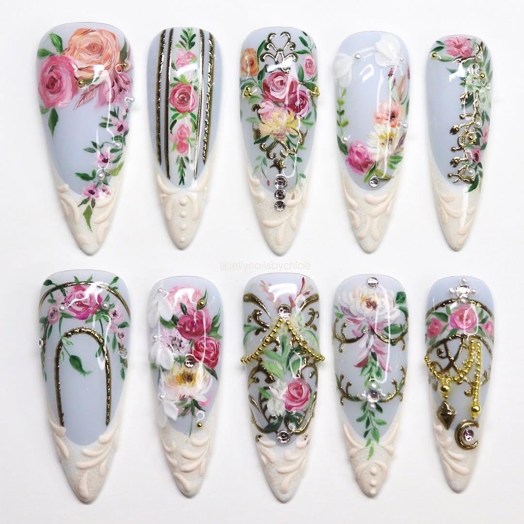 Handmade Baroque Floral Press on Nails | Long Stiletto Nail Set ...