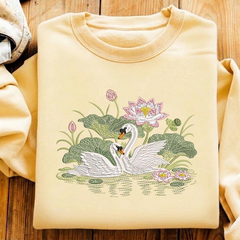 Elegant Swan and Lotus Embroidery Design, Nature Machine File (digital ...