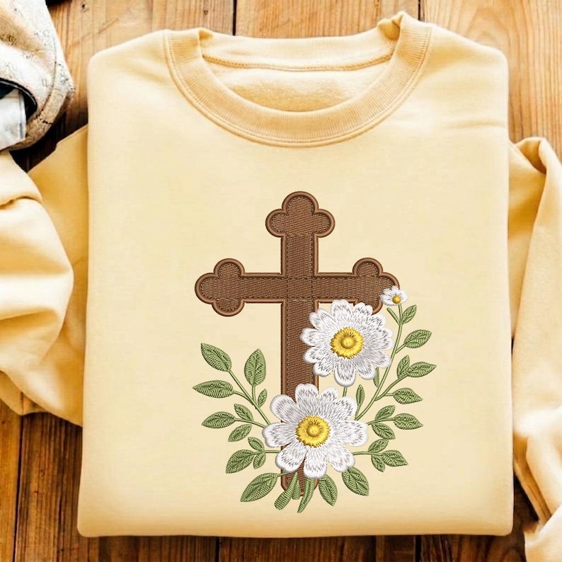 Floral Cross Embroidery Design, Daisy Christian Machine File (PES DST ...