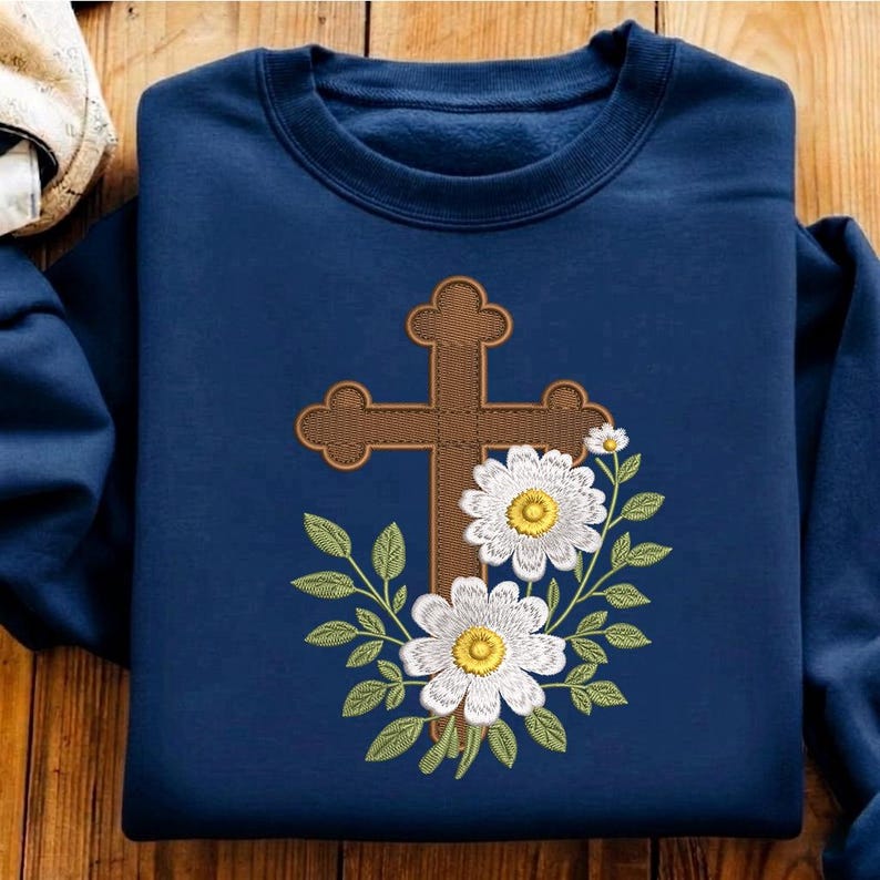 Floral Cross Embroidery Design, Daisy Christian Machine File (PES DST ...