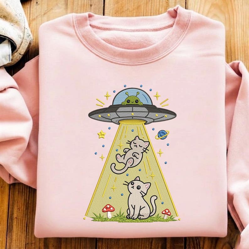 UFO Alien Cat Embroidery Design, Space Abduction Machine File (instant ...
