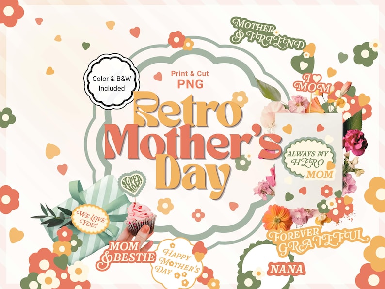 Mama PNG Clipart Bundle: Retro Mothers Day Print and Cut Stickers for ...