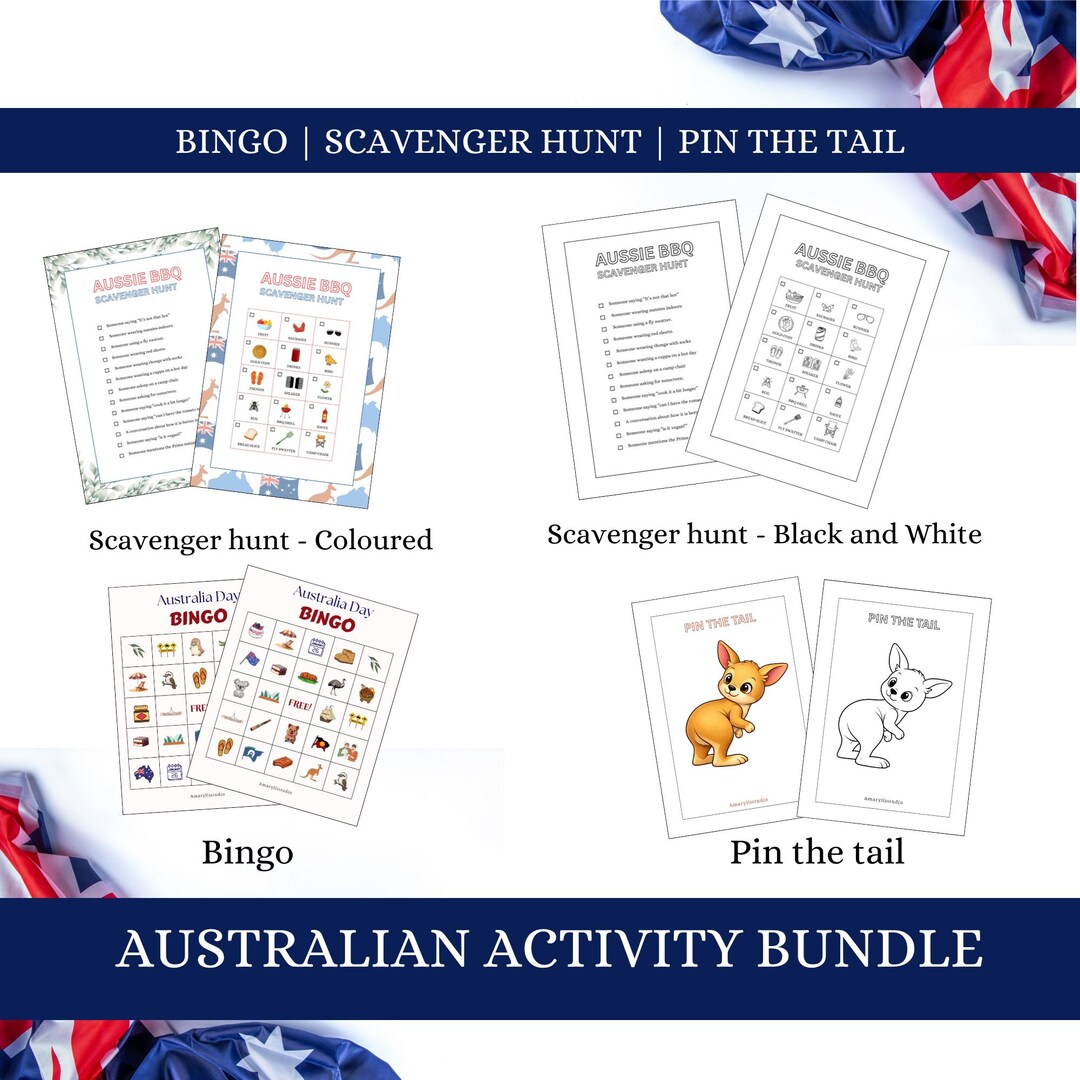 Australia Day Games Bundle | Aussie Bingo, Scavenger Hunt, Pin the Tail ...