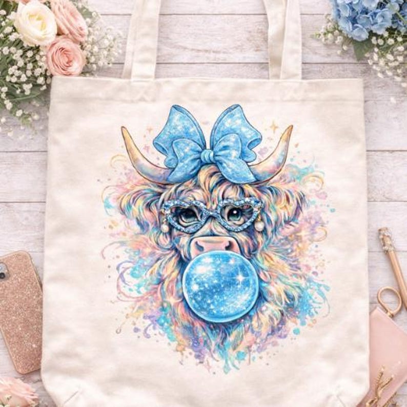 Blue Bow Highland Cow Bubblegum PNG, Sublimation Designs for Tshirts ...