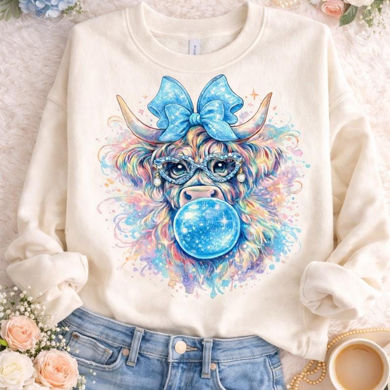 Blue Bow Highland Cow Bubblegum PNG, Sublimation Designs for Tshirts ...
