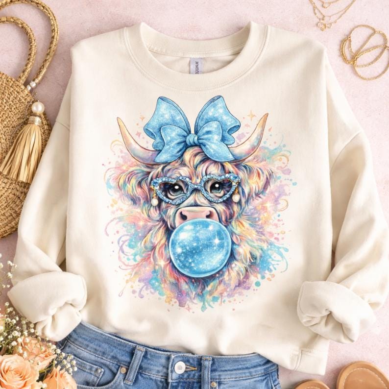 Blue Bow Highland Cow Bubblegum PNG, Sublimation Designs for Tshirts ...