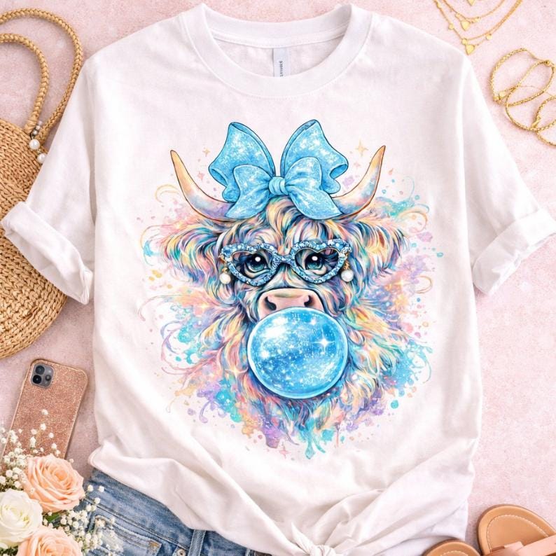 Blue Bow Highland Cow Bubblegum PNG, Sublimation Designs for Tshirts ...