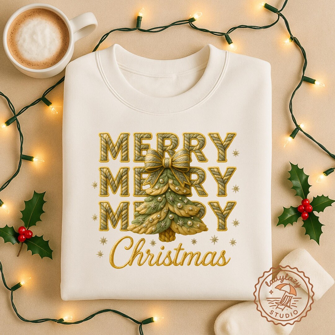 Merry Christmas Tree Shirt PNG | Gold Embroidery Design (digital ...