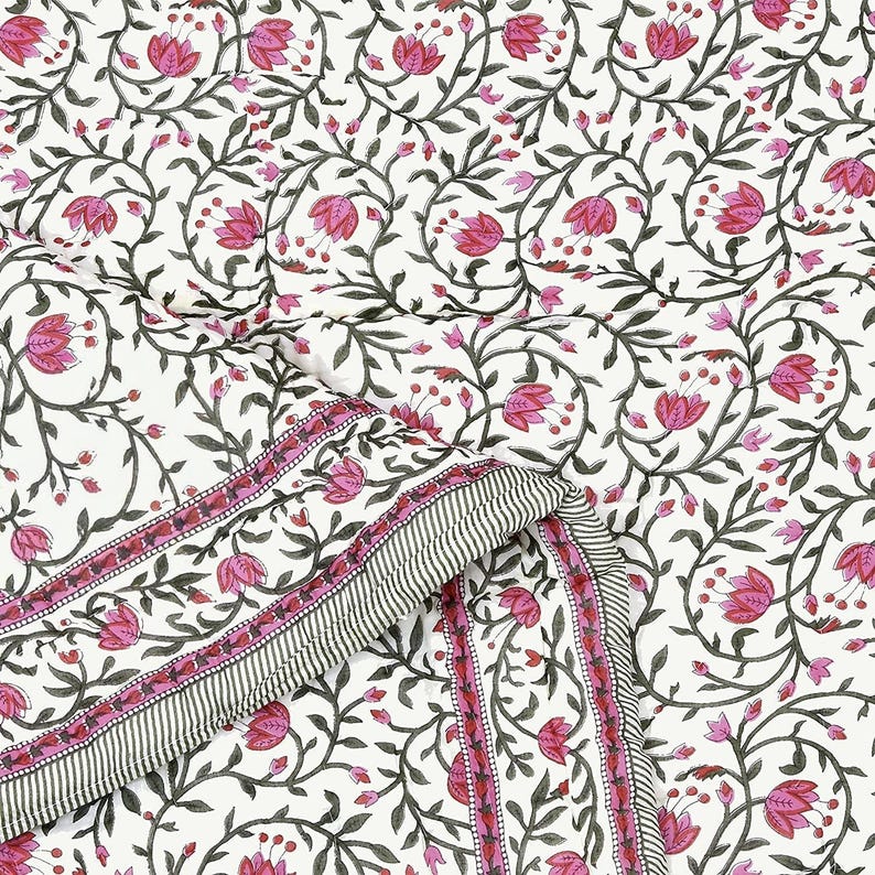 Hand Block Print Cotton Quilt, Floral Indian Jaipuri Razai, Boho ...