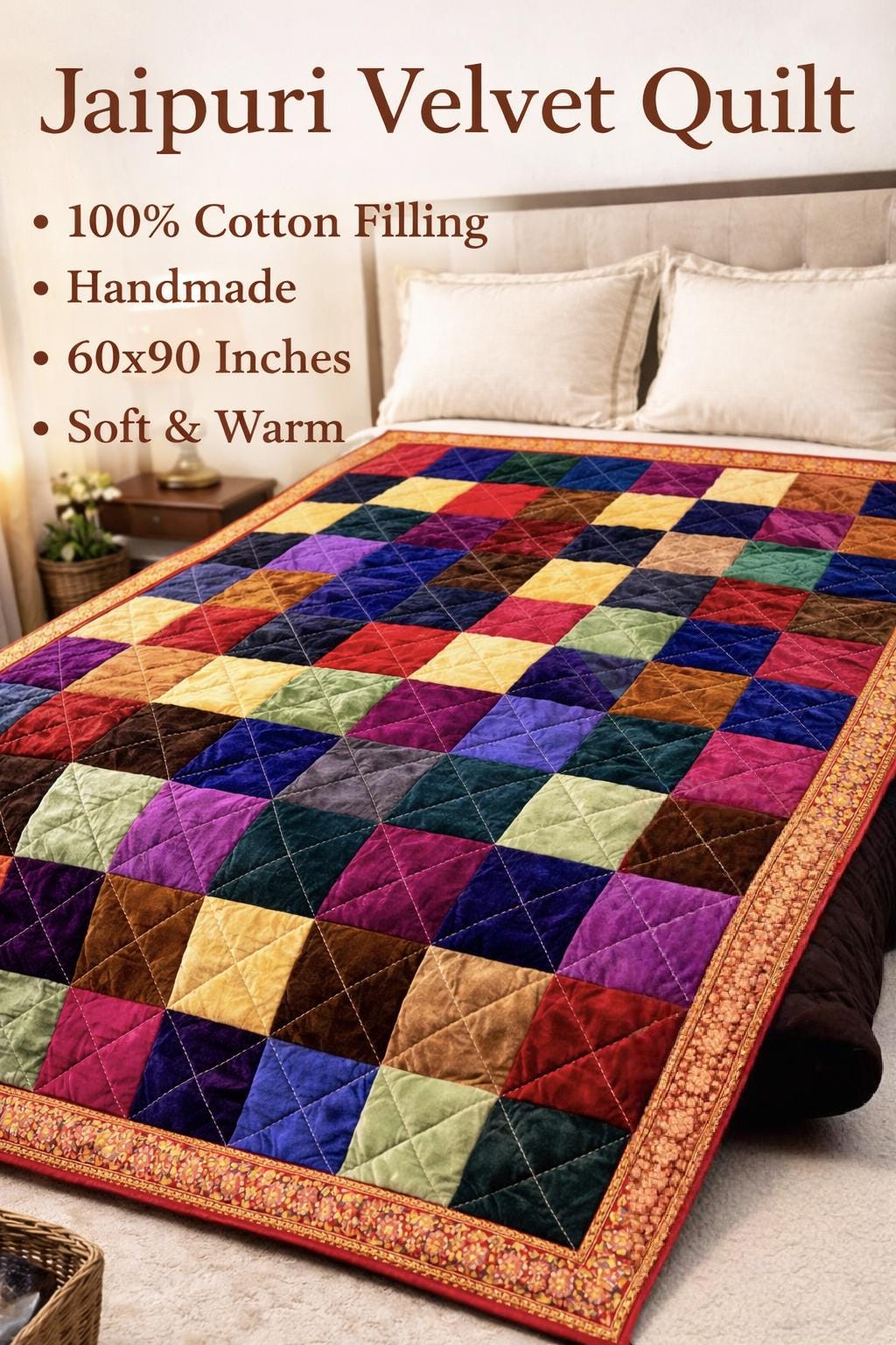 Handmade Velvet Patchwork Quilt | Jaipuri Winter Razai, Reversible ...