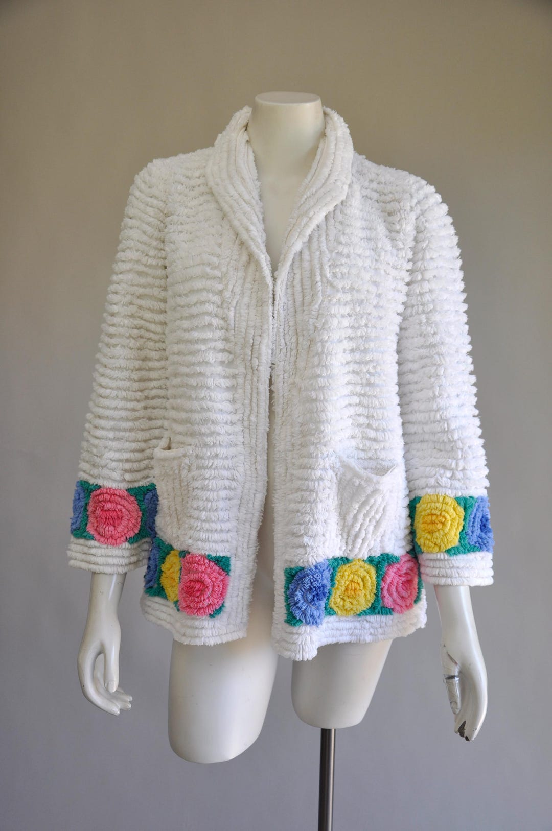 Vintage 1930s White Chenille Jacket W/ Pockets and Colorful Trim XS/S/M ...