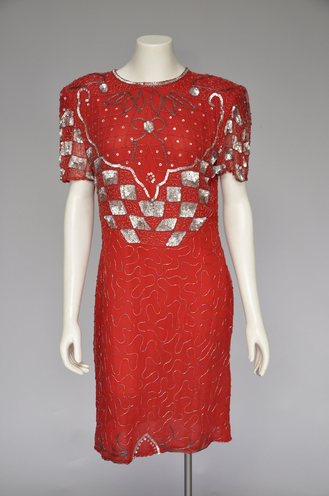 Vintage 1980s Red and Silver Beaded & Sequin Dress Holiday XS-M - Etsy