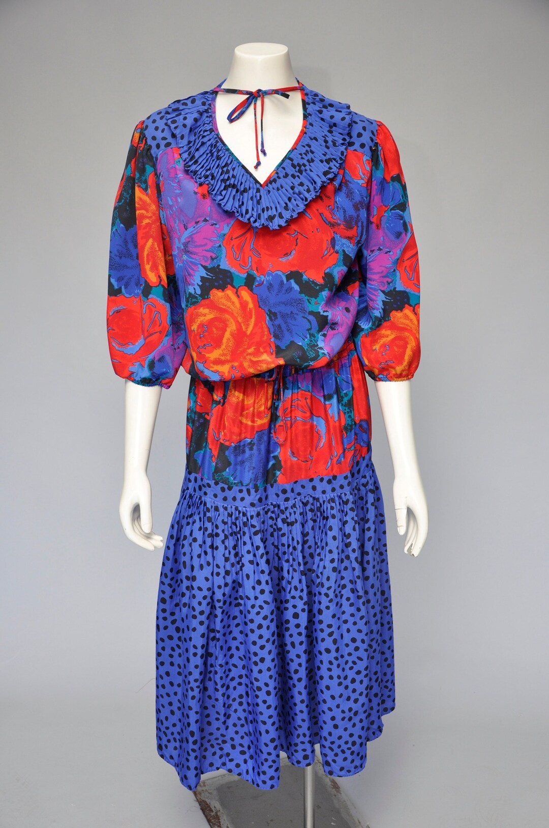 Vintage 1980s Diane Susan Freis Red Blue Floral Polka Dot Skirt ...