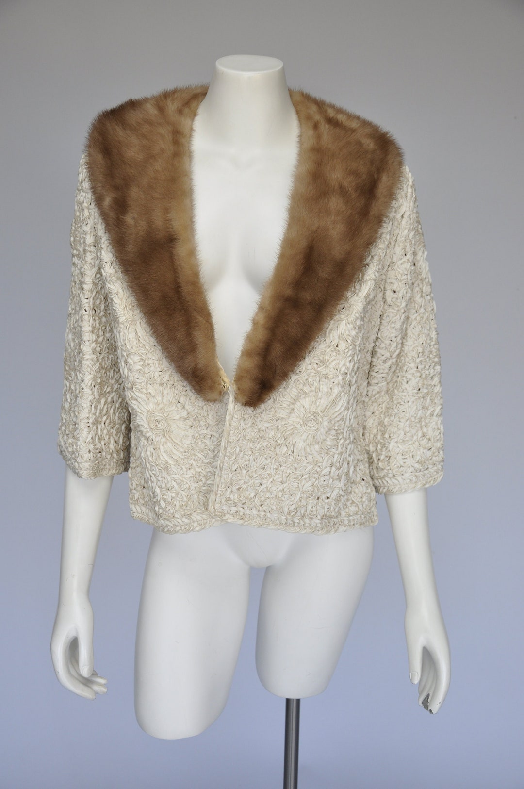 Vintage 1950s Ribbon Jacket Sweater With Mink Collar M/L/XL - Etsy