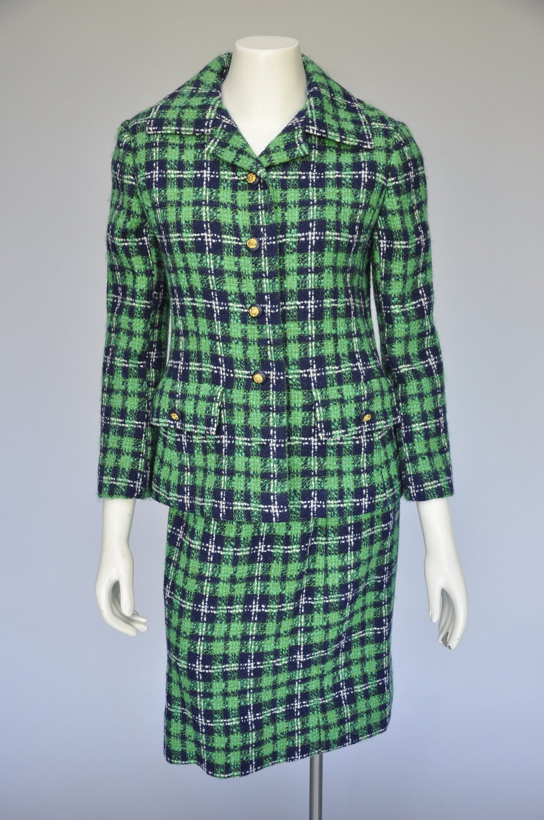 Vintage 1960s Green and Navy Windowpane Check Davidow Skirt Suit M - Etsy