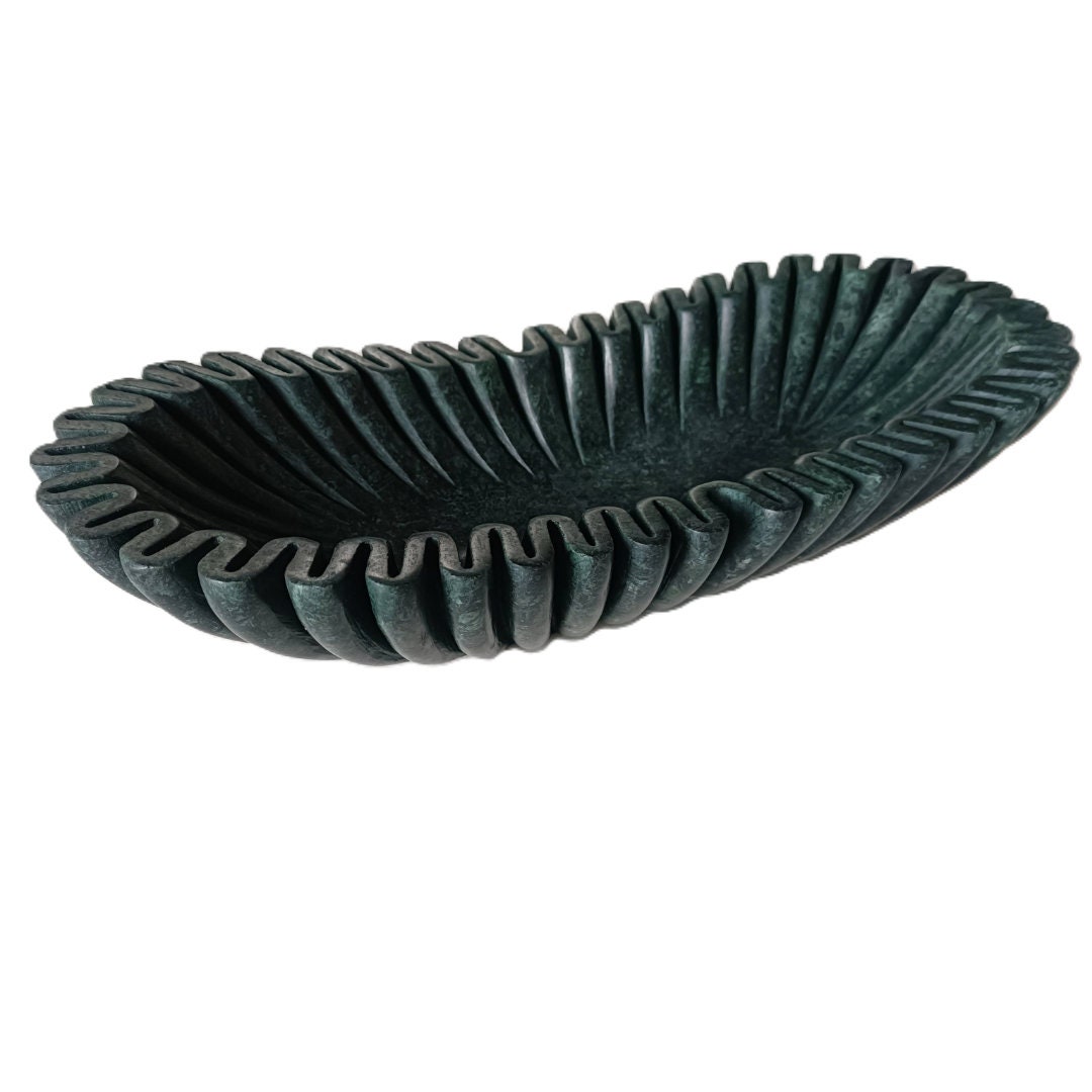 14 Inch Scalloped Ruffle Wavy Green Marble Bowl Serving Bowl Fruit Bowl ...