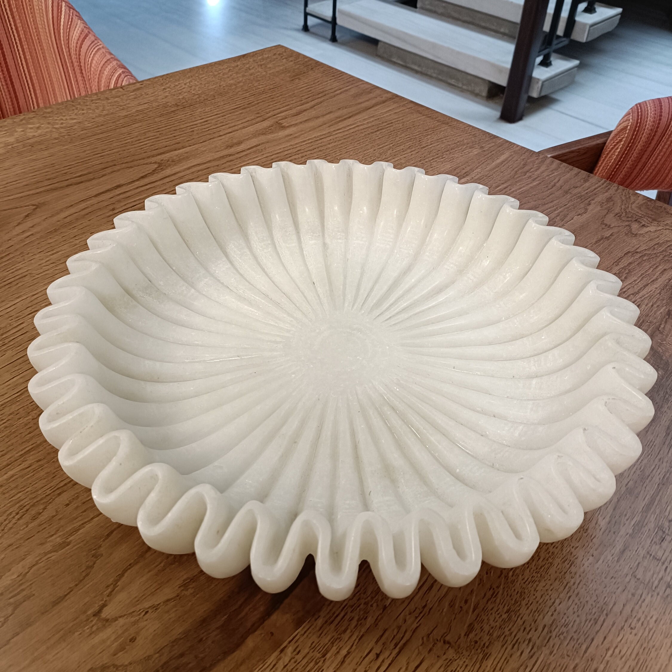 15 Inch Decorative White Marble Ribbed Wave Ruffle Fruit Bowl for Home ...