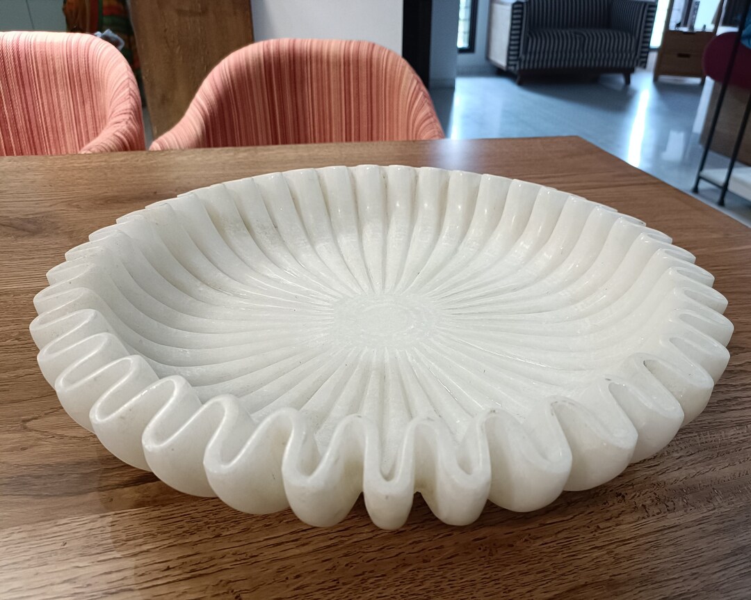 15 Inch Decorative White Marble Ribbed Wave Ruffle Fruit Bowl - Etsy
