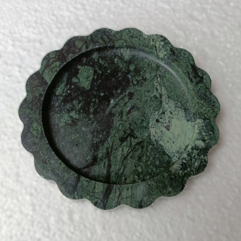 6 Inch Round Scalloped Decorative Green Marble Tray, Beautiful Serving ...
