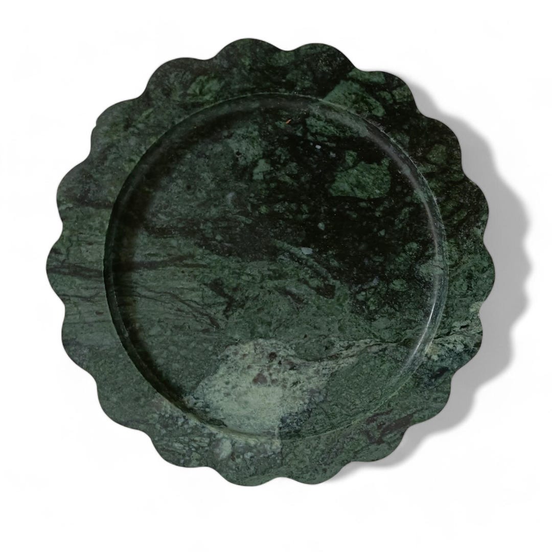 6 Inch Round Scalloped Decorative Green Marble Tray, Beautiful Serving ...