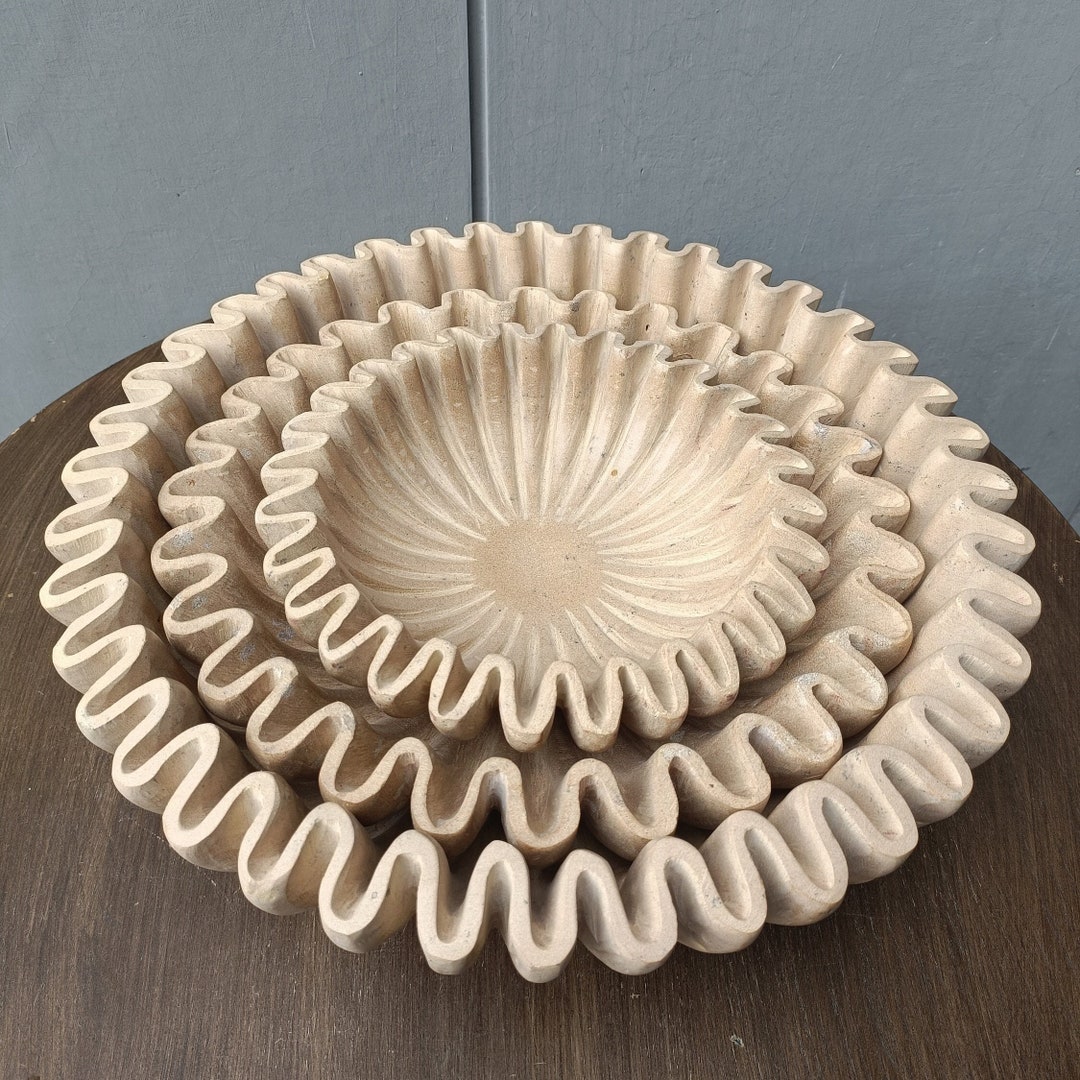 Handmade Jaisalmer Stone Bowl: 15 Inch Ribbed Wave Ruffle Decor - Etsy