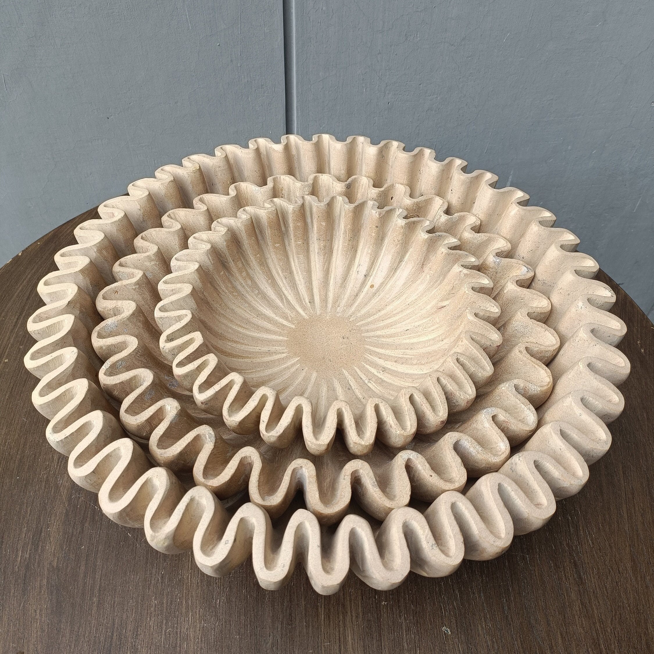 Handmade Jaisalmer Stone Bowl: 15 Inch Ribbed Wave Ruffle Decor - Etsy