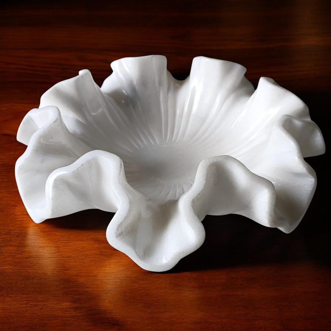 Handmade White Marble Ruffle Bowl: 12 Inch Floral Wave Decor - Etsy
